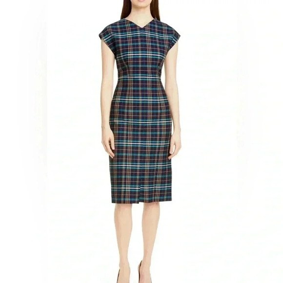 Hugo Boss | Dresses | Hugo Boss Daela Plaid Sheath Dress Navy Turquoise ...